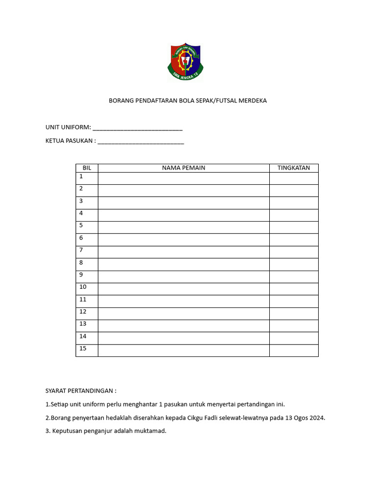 Borang Pendaftaran Bola Sepak | PDF