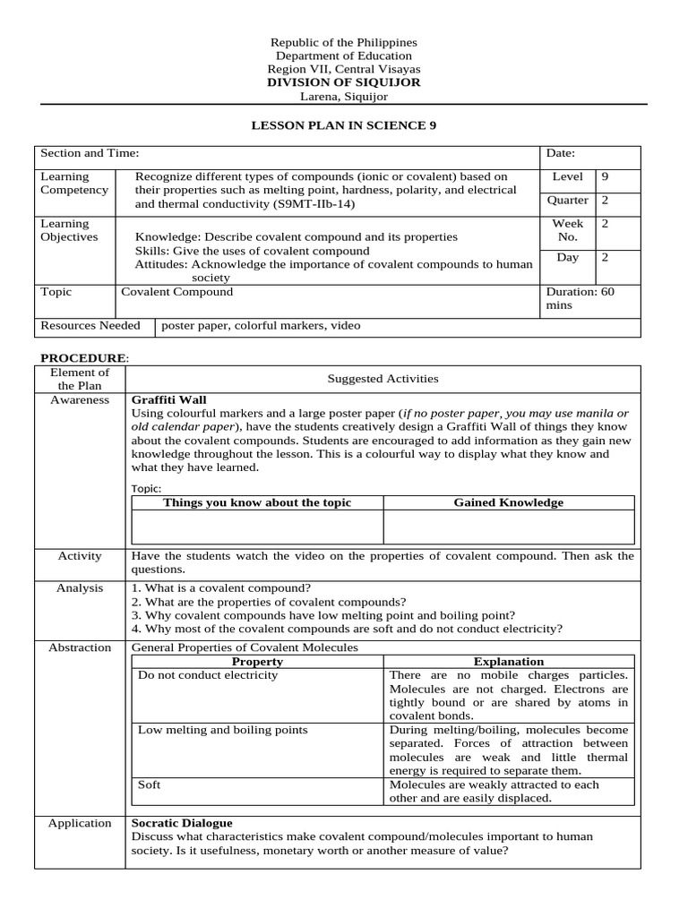 Science 9 DLP Q2W2D2 | PDF | Chemical Compounds | Covalent Bond