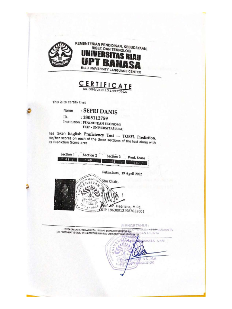 Sertifikat TOEFL Compressed | PDF
