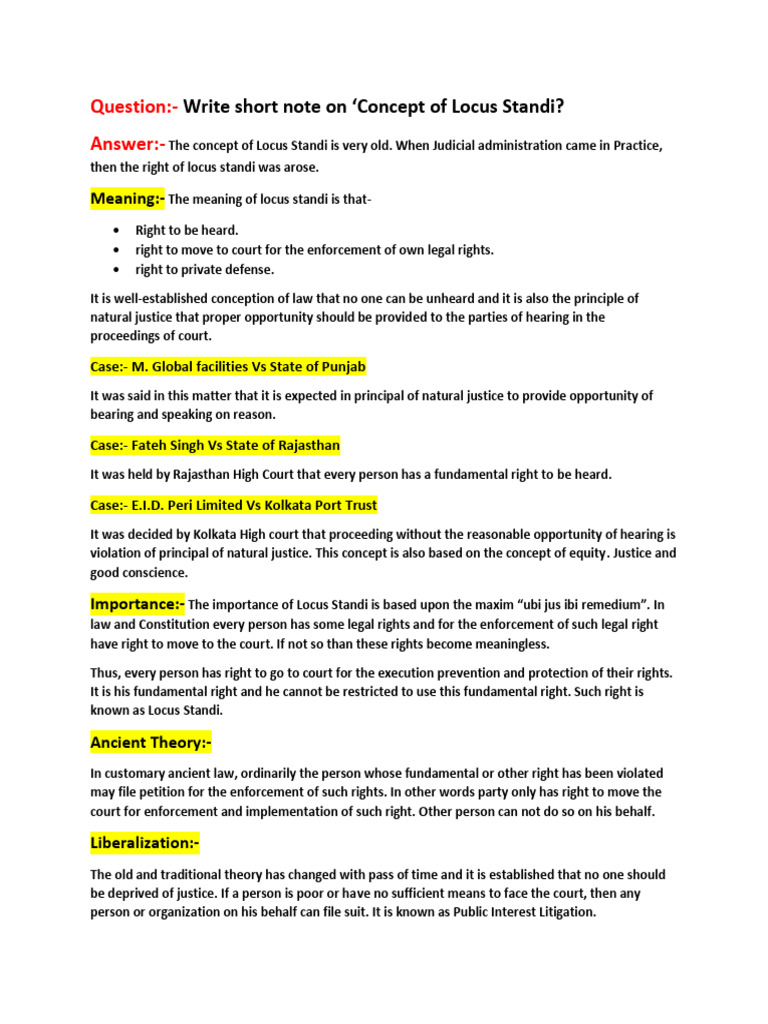 Write short note on ‘Concept of Locus Standi | PDF | Civil Law (Common ...