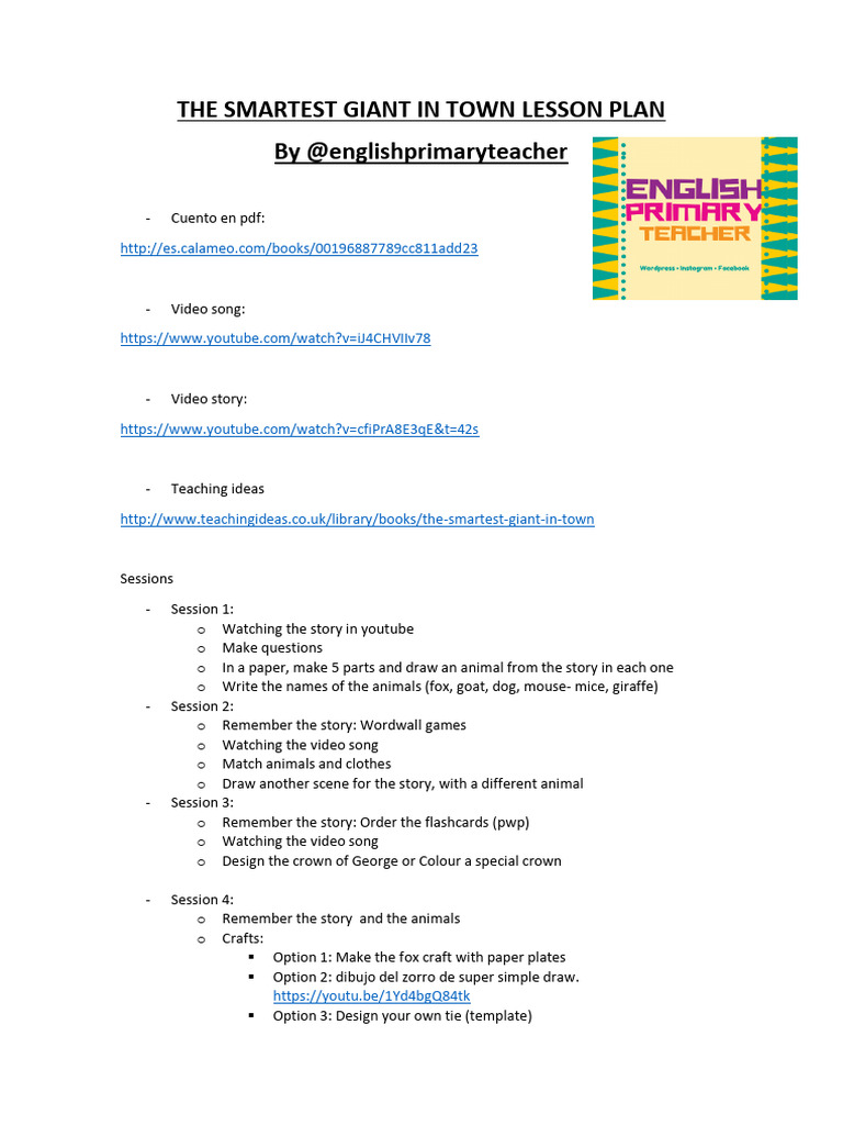 The Smartest Giant in Town Lesson Plan by @englishprimaryteacher | PDF