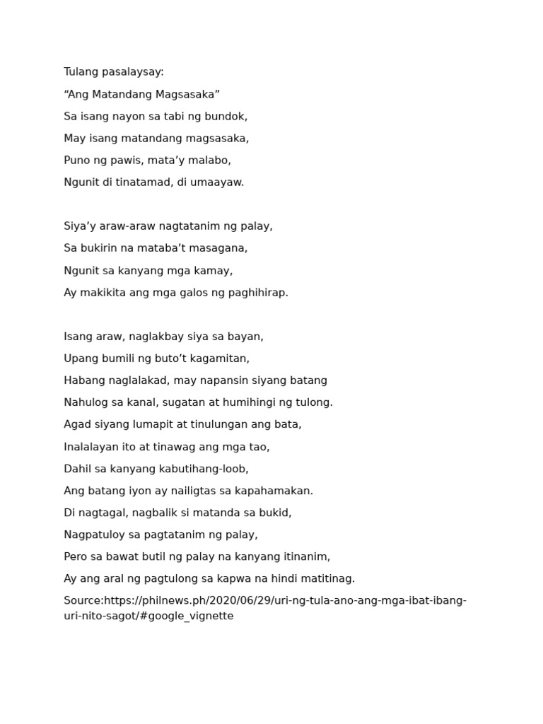 Halimbawa NG Tulang Pasalaysay | PDF