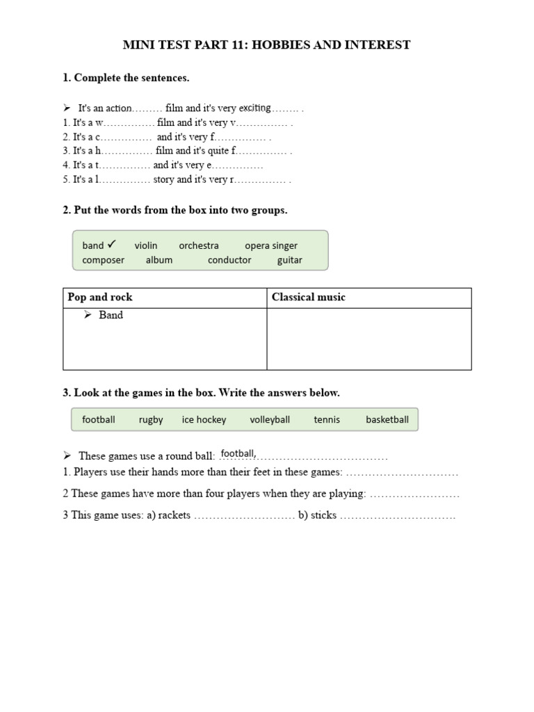 Mini Test on Hobbies and Interests | PDF