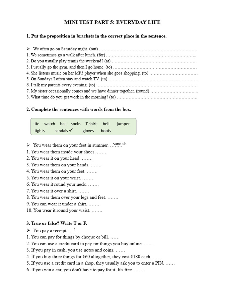 Mini+Test+p5 Everyday+life | PDF