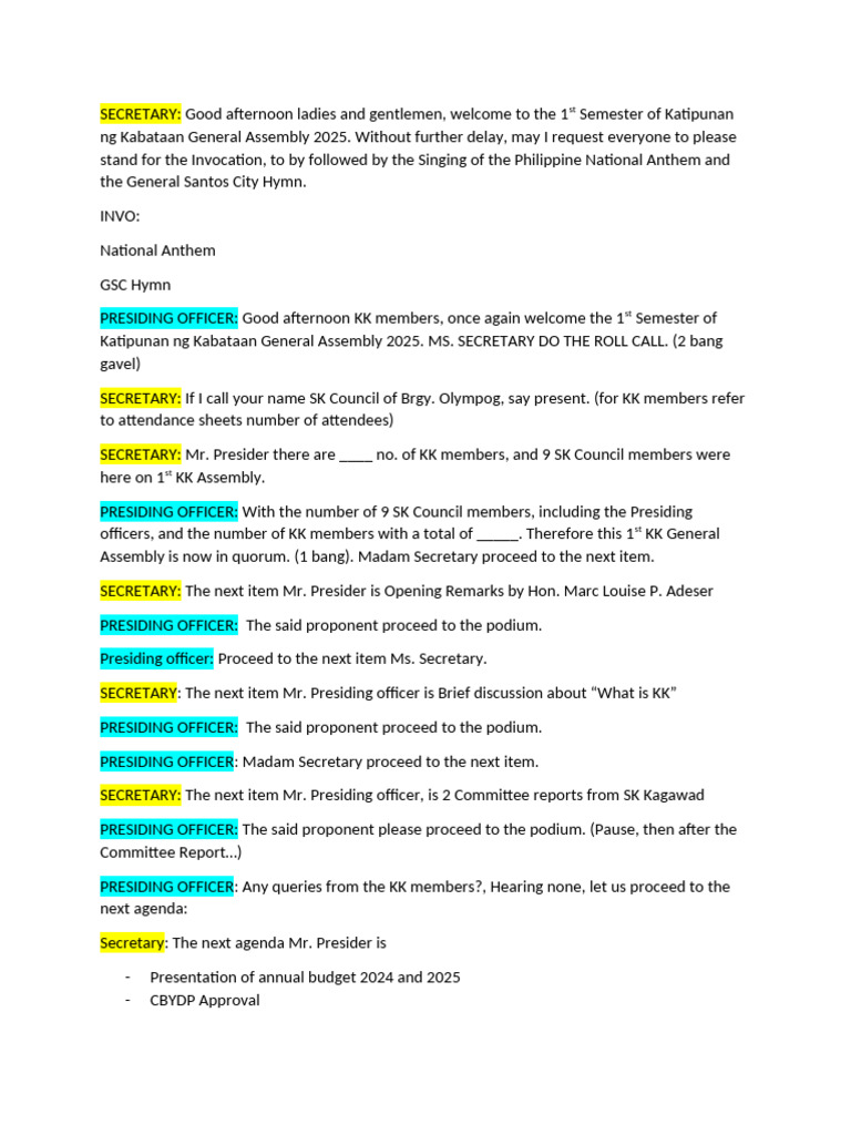Script For 1st KK Assembly | PDF