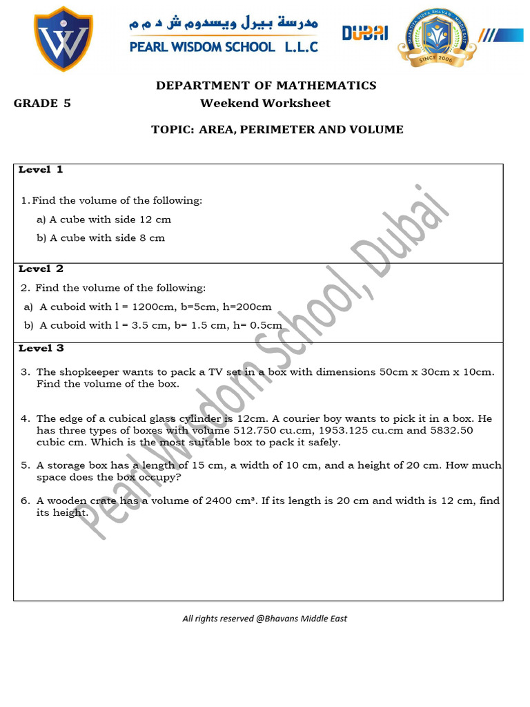 Area, Perimeter and Volume - Weekend Worksheet 2 | PDF