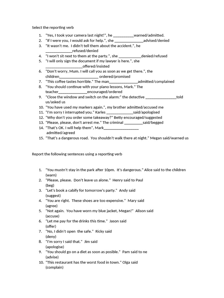 REPORTING VERBS PRACTICE | PDF