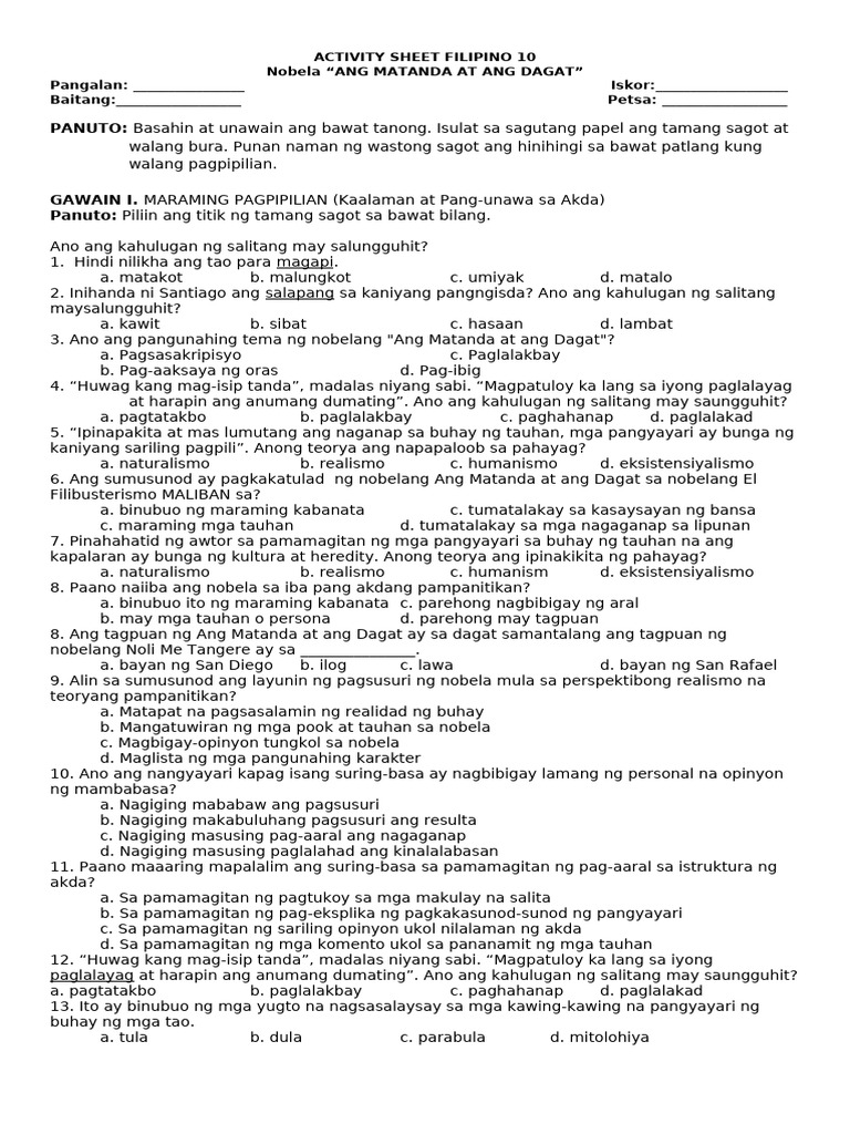 GAWAIN ARALIN 2.3 Nobela Ang Matanda at Ang Dagat | PDF