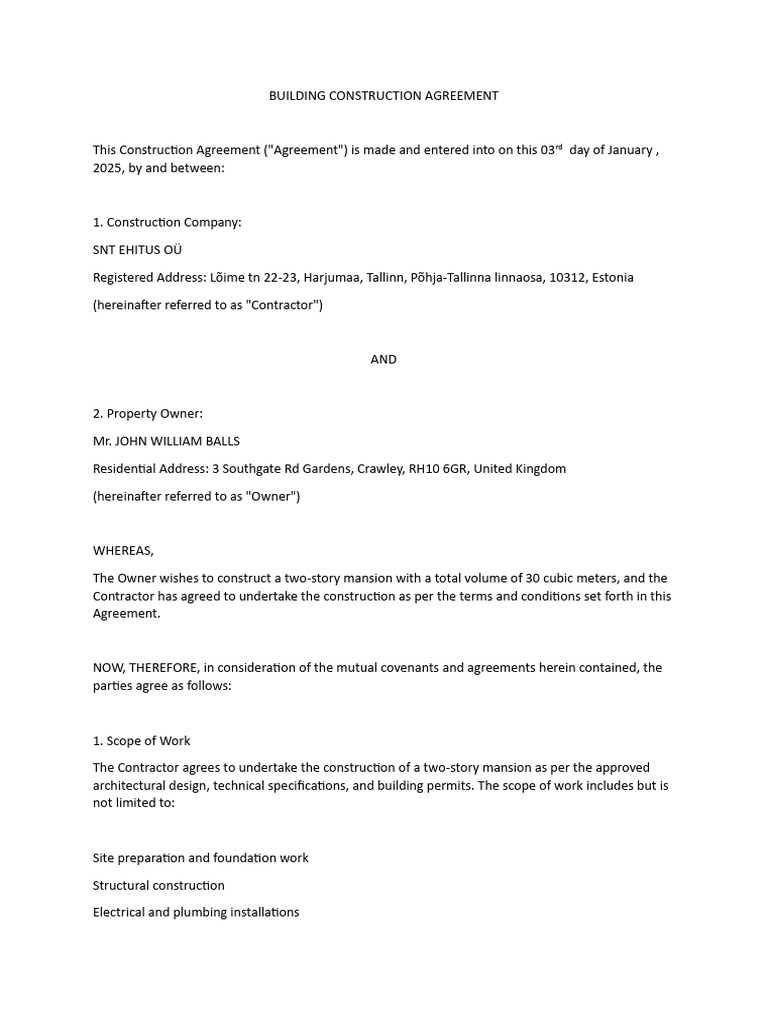Building Construction Agreement | PDF | Private Law | Common Law