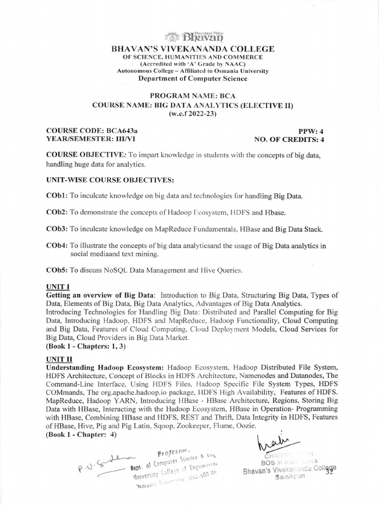 BCA VI Sem - Big Data Analytics Syllabus 2022-23 | PDF