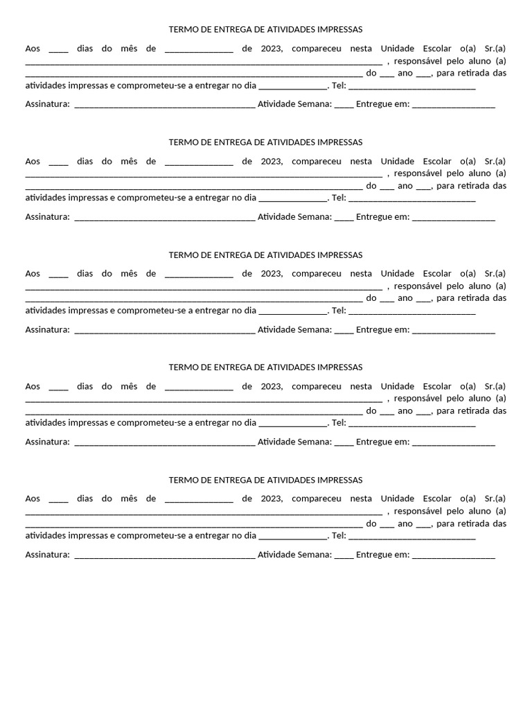 Termo de Entrega de Atividades Impressas | PDF