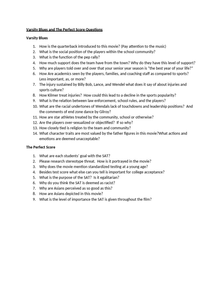 Varsity Blues and The Perfect Score Questions | PDF