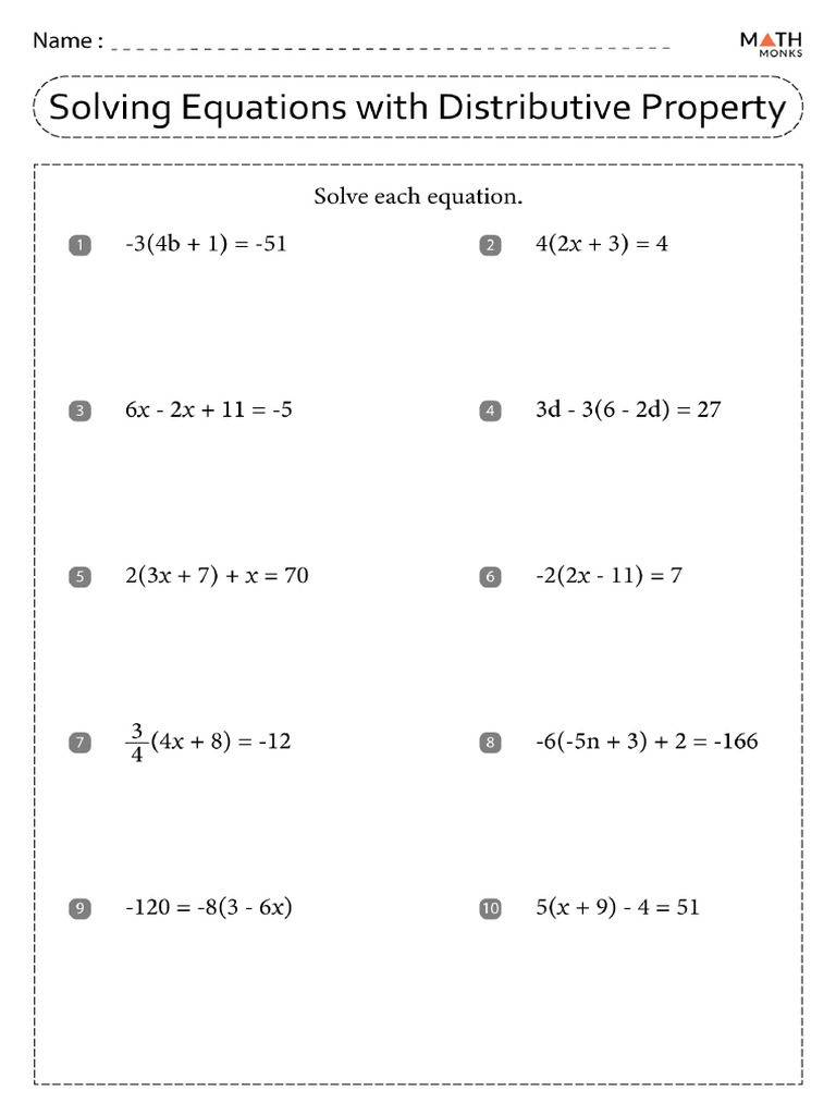 Distributive Property Equations Worksheet | PDF