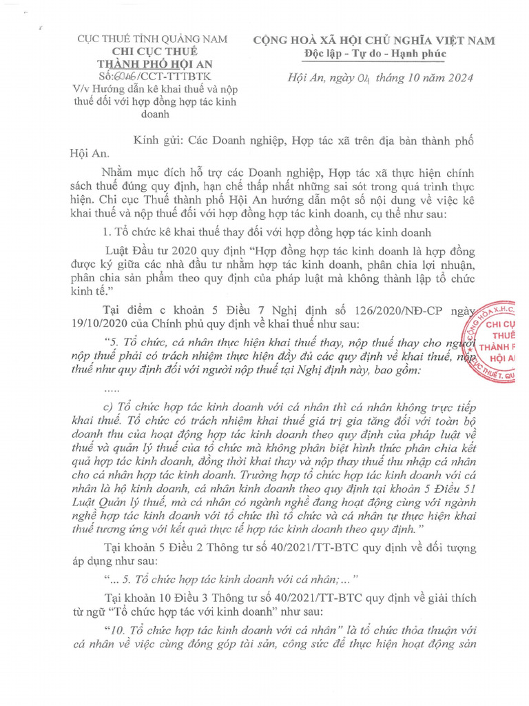 6046-CCT-TTTBTK - Huong Dan Ke Khai Thue Hop Dong Hop Tac Kinh Doanh.. | PDF