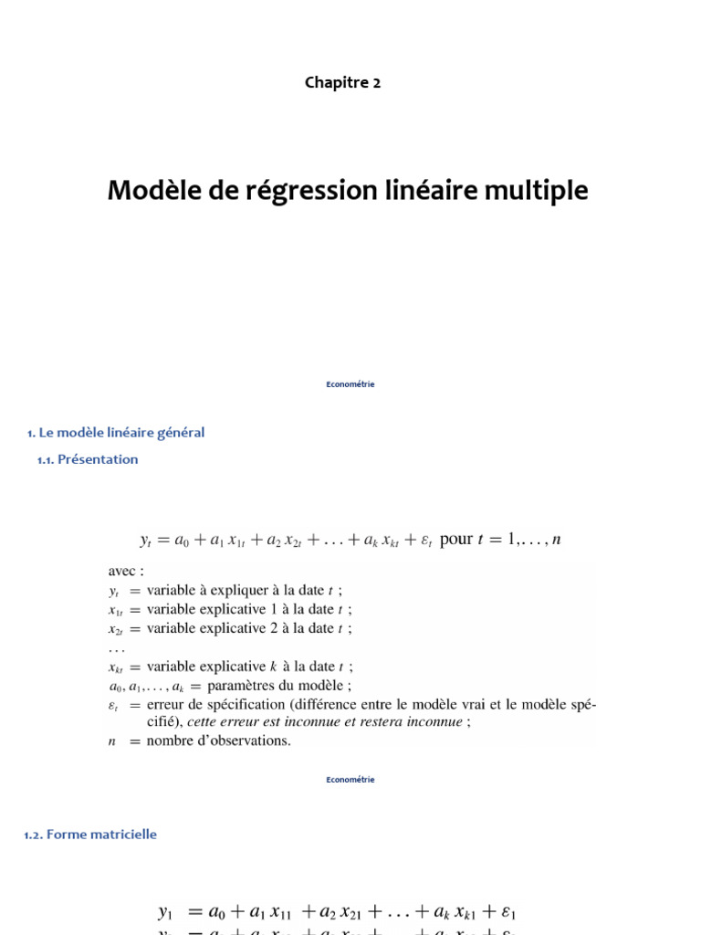 Chapitre 2 Modele de Regression Lineaire Multiple | PDF | Régression linéaire | Variance ...