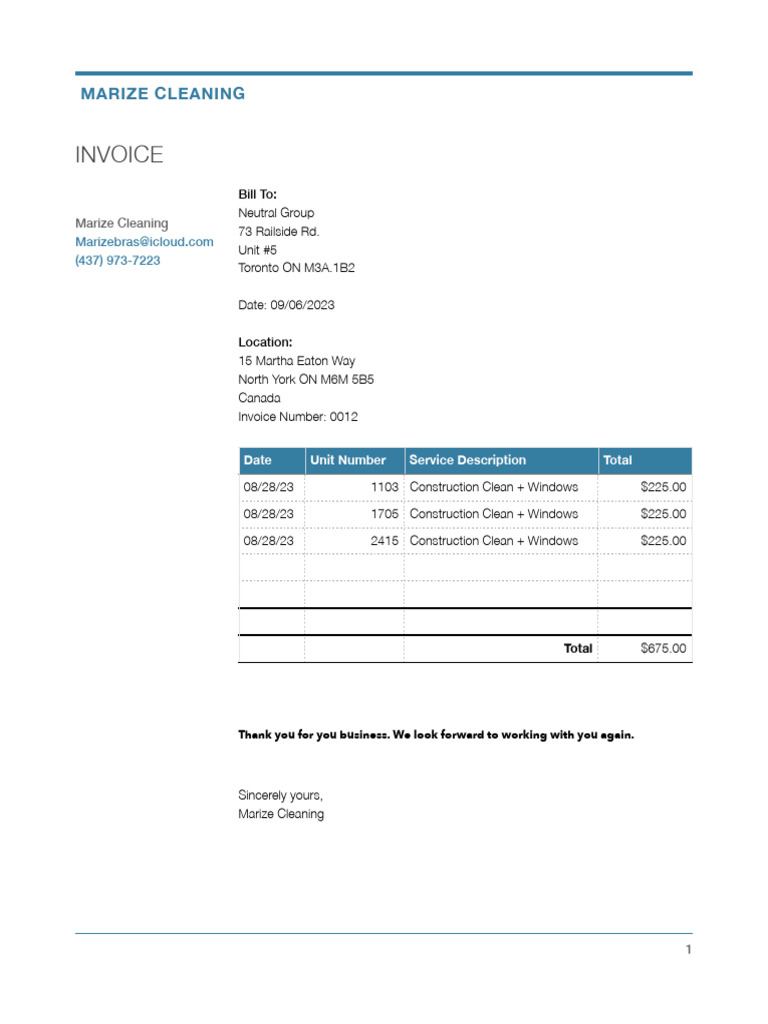 Marize Cleaning Invoice #0012 | PDF