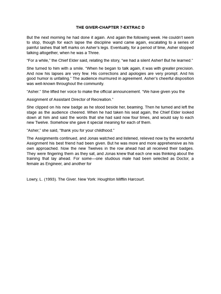 Asher's Assignment in The Giver Chapter 7 | PDF