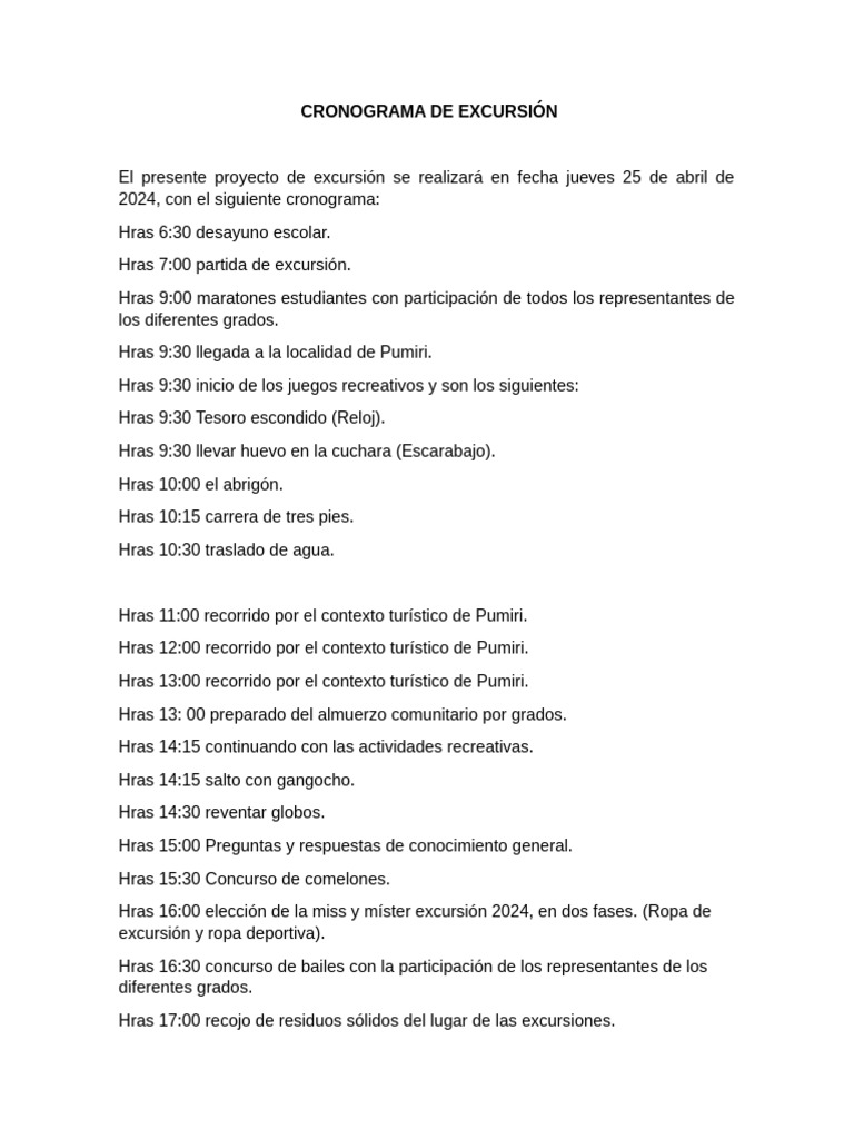 Cronograma de Excursión 2024 | PDF