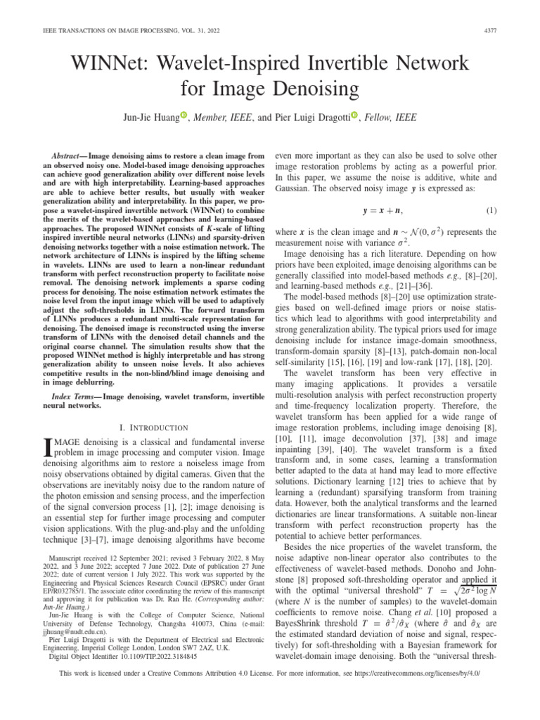 WINNet Wavelet-Inspired Invertible Network For Image Denoising | PDF | Wavelet | Matrix ...
