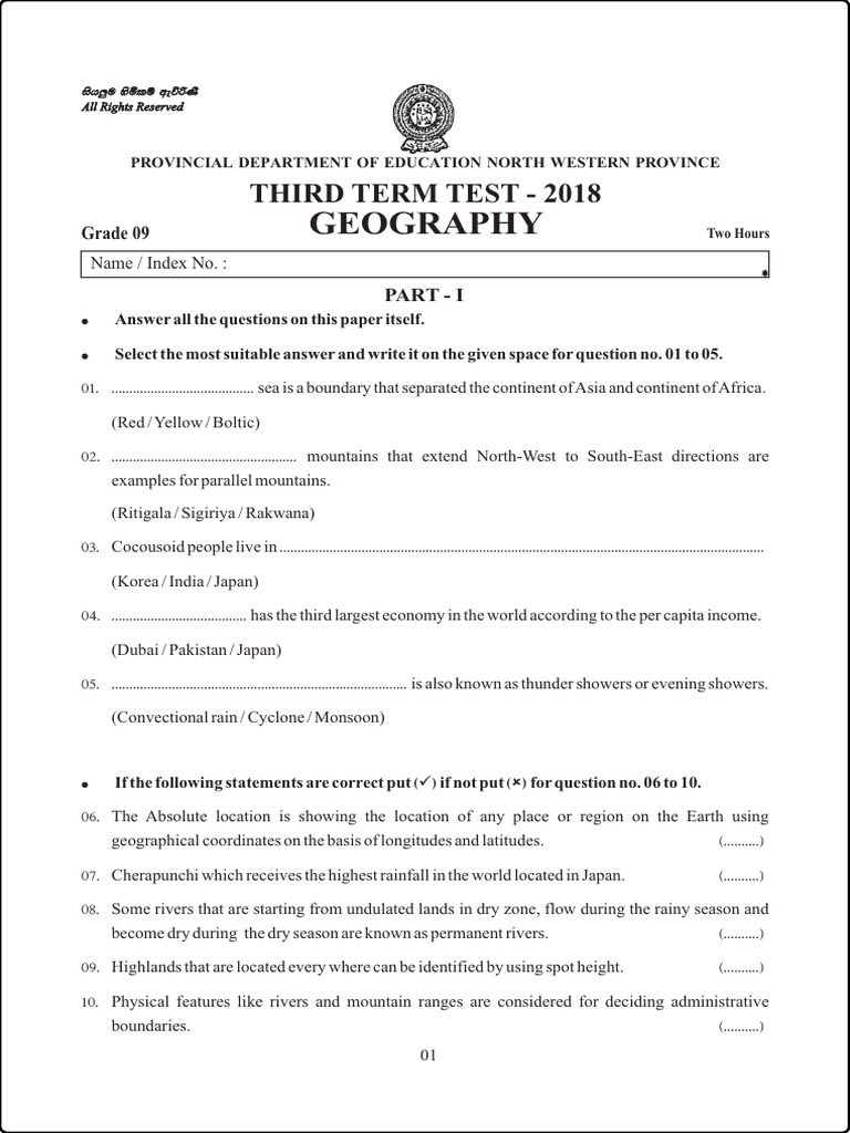 Grade 09 Geography 3rd Term Test Paper 2018 English Medium - North ...