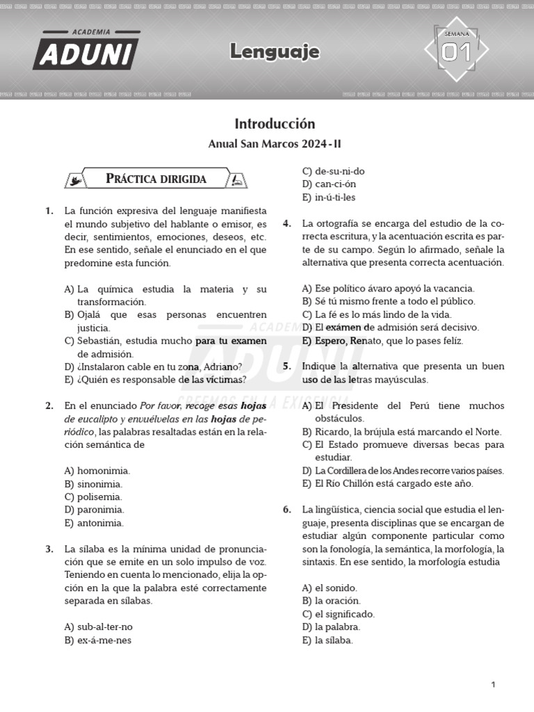 Lenguaje S01 - Práctica Dirigida - Anual SM 2024 | PDF | Palabra | Morfología (Lingüística)