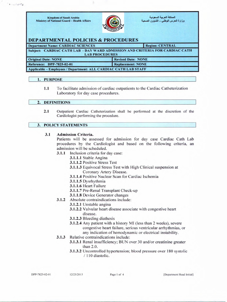 Cardiac Cath Lab Admission Criteria | PDF | Cardiology | Heart