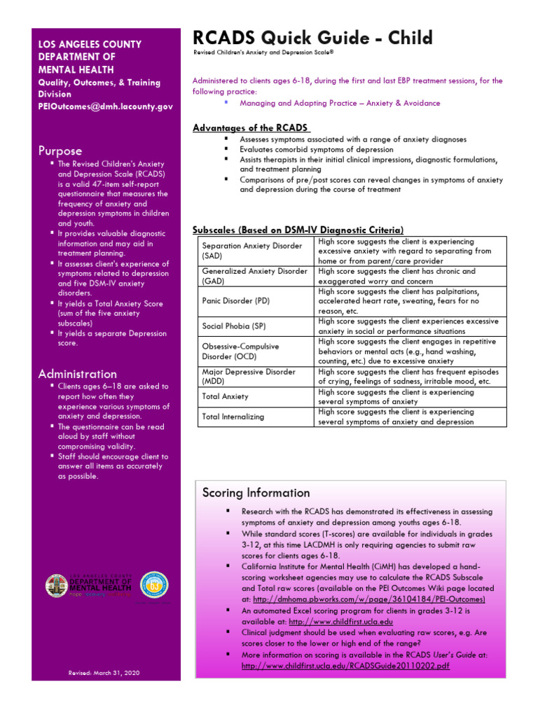 RCADS-Child ParentQuickGuides03312020 | PDF | Anxiety | Anxiety Disorder