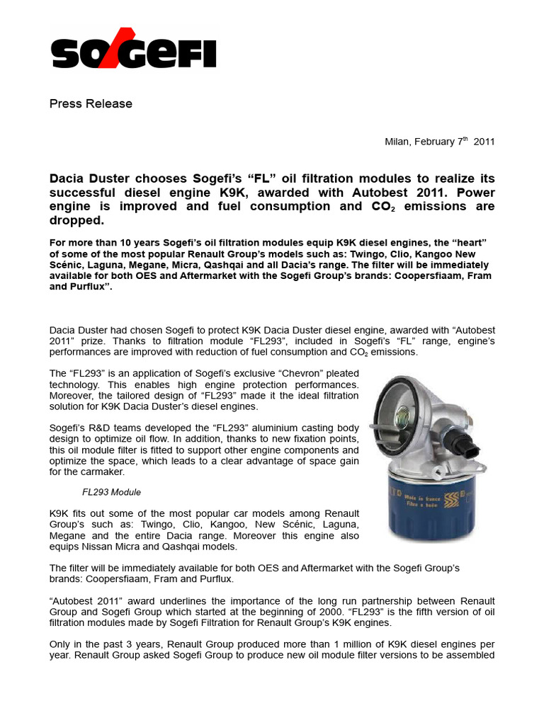 Sogefi's FL293 Filter for Dacia Duster | PDF | Renault | Automotive ...