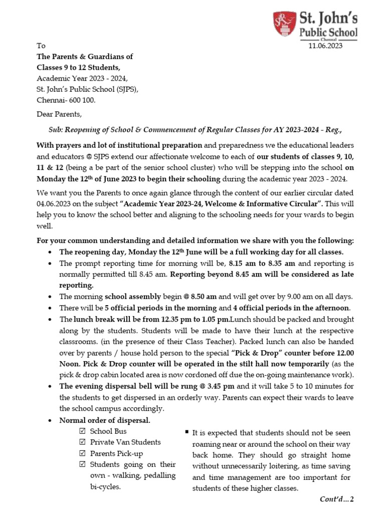 SJPS School Reopening Notice 2023-24 | PDF | Schools | Curriculum