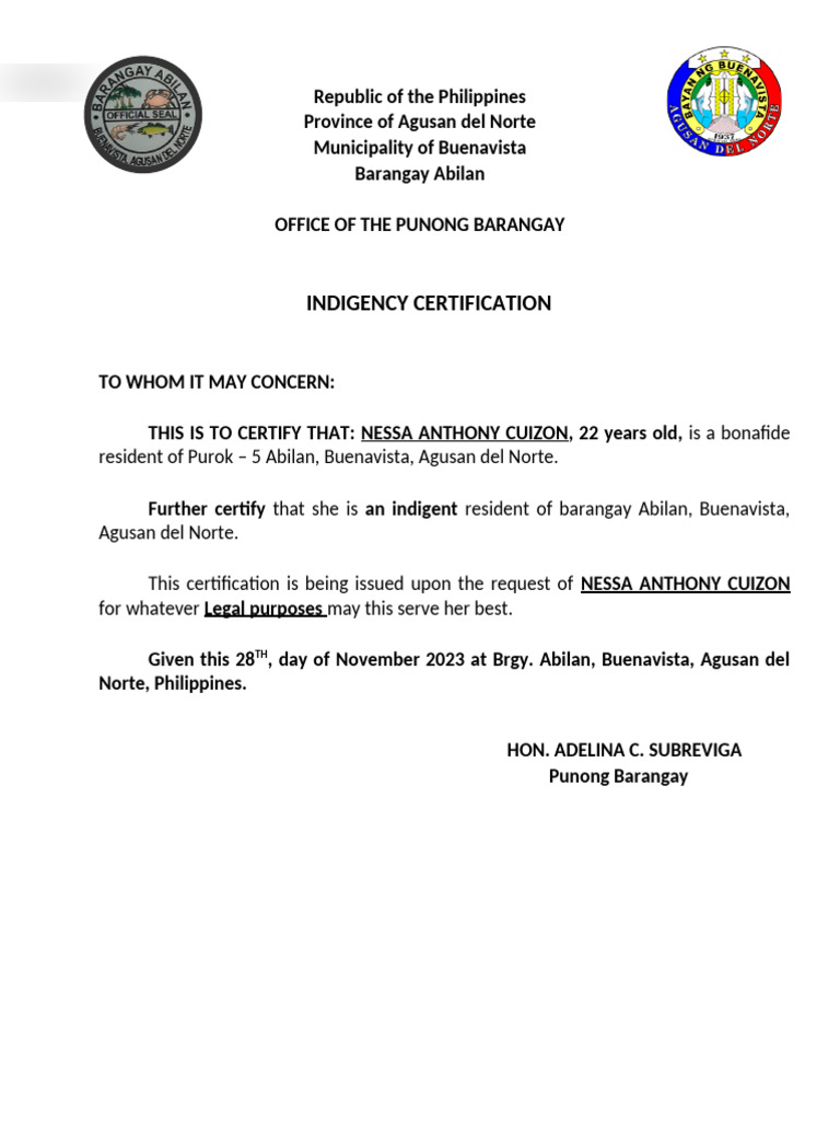 Cert. Indigent Parohinog | PDF