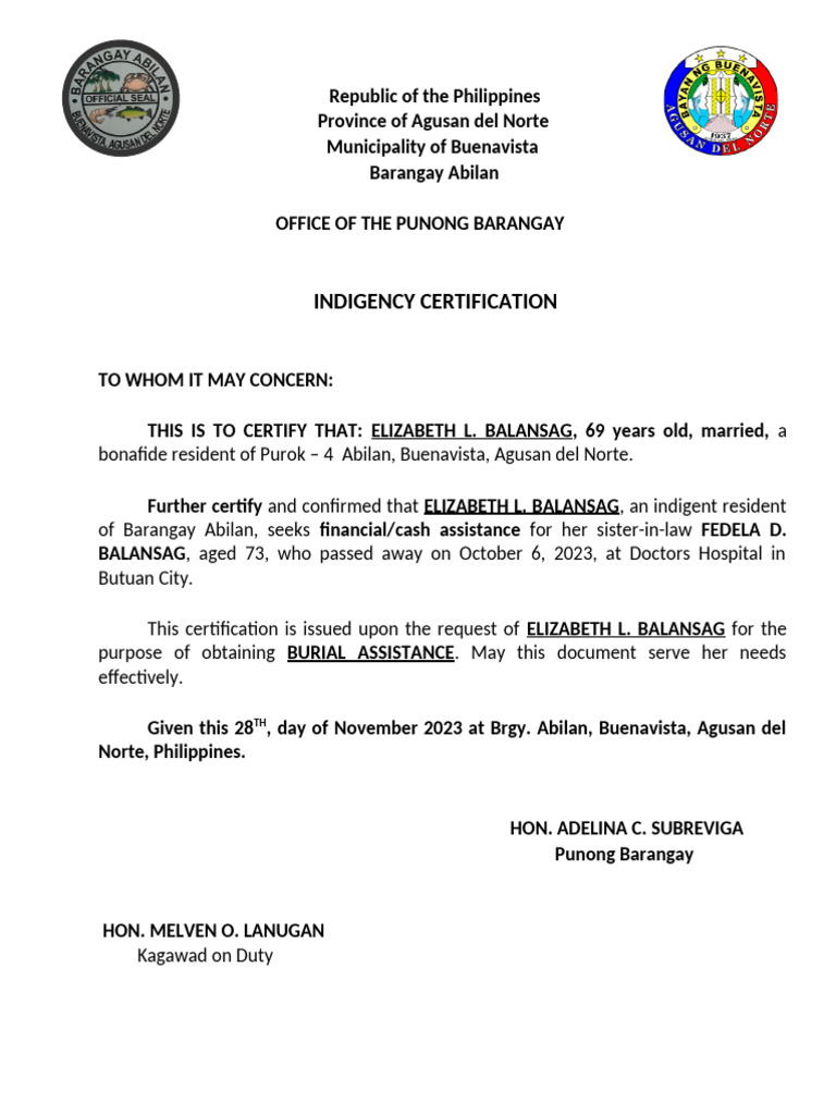 Burial Assistance - Brgy Cert | PDF