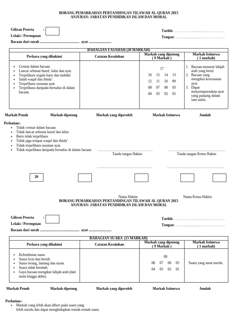 Borang Pemarkahan Tilawah | PDF