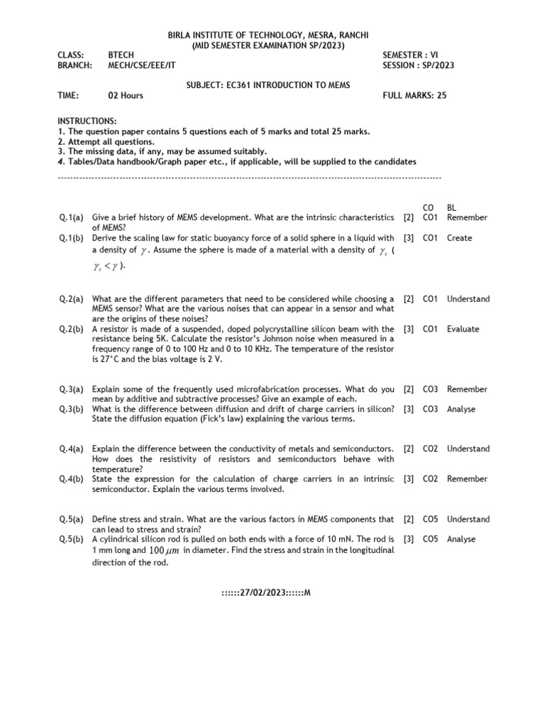 Ec361 Introduction To Mems - Oe (Mid - SP23) | PDF | Electrical Resistivity And Conductivity ...