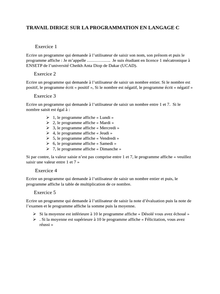 TRAVAIL DIRIGE SUR LA PROGRAMMATION EN LANGAGE C | PDF