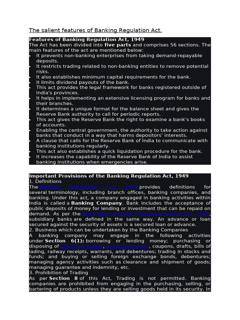 The Salient Features of Banking Regulation Act | PDF | Banks | Reserve ...