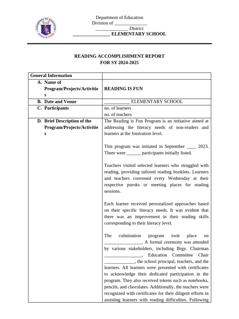 Reading Accomplishment Report 2024-2025 | PDF | Literacy | Reading ...
