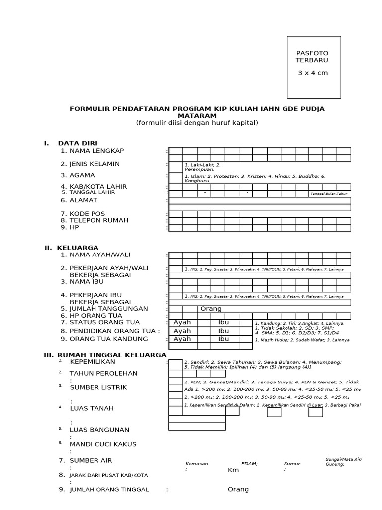 Formulir Pendaftaran Program Kip Iahn Gde Pudja Mataram 2022 | PDF