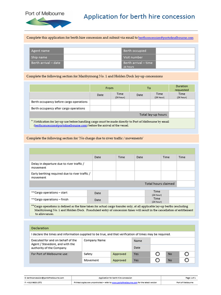 Berth Hire Concession Application Form | PDF | Cargo | Shipping