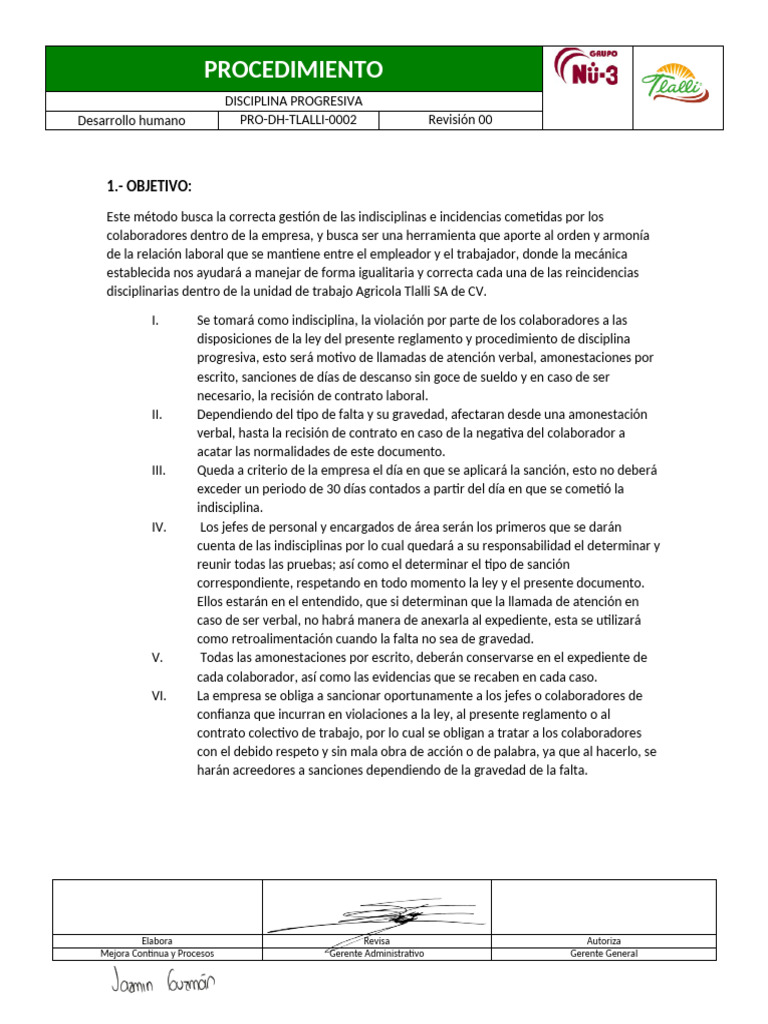 PRO-DH-TLALLI-0002 PROCEDIMIENTO DE DISCIPLINA PROGRESIVA | PDF