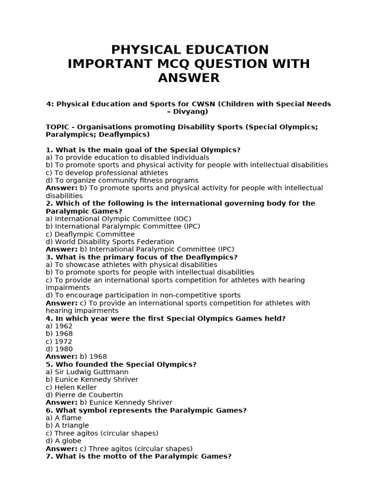 Physical Education MCQ Unit 4 | PDF | Paralympic Games | Inclusion ...