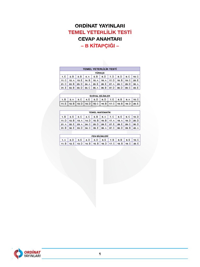 CEVAP - TYT - 1 - BBB (Ordinat Yayınları) | PDF