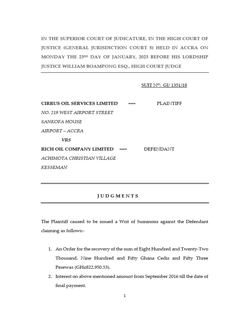 Cirrus Oil Services LTD Vrs Rich Oil Company LTD 2023 GHAHC 44 (23 ...