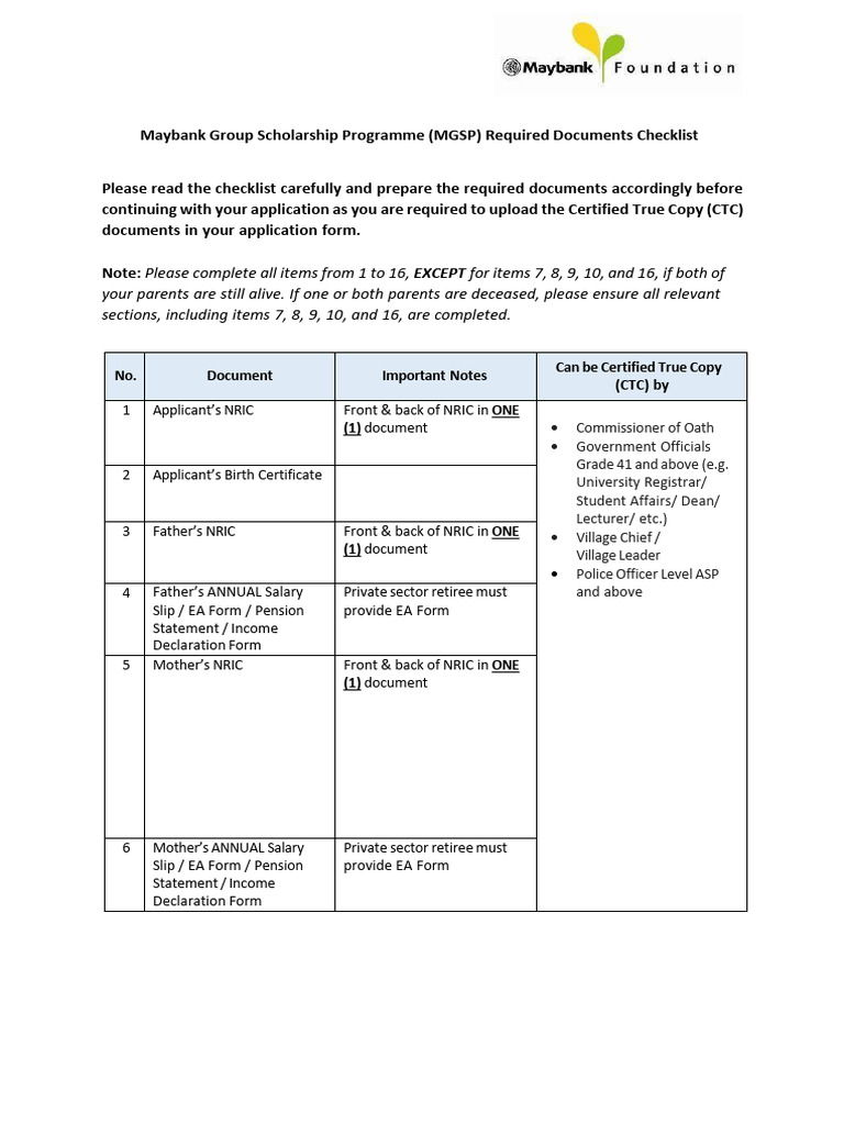 2025 Maybank Group Scholarship Programme - Required Documents Checklist ...