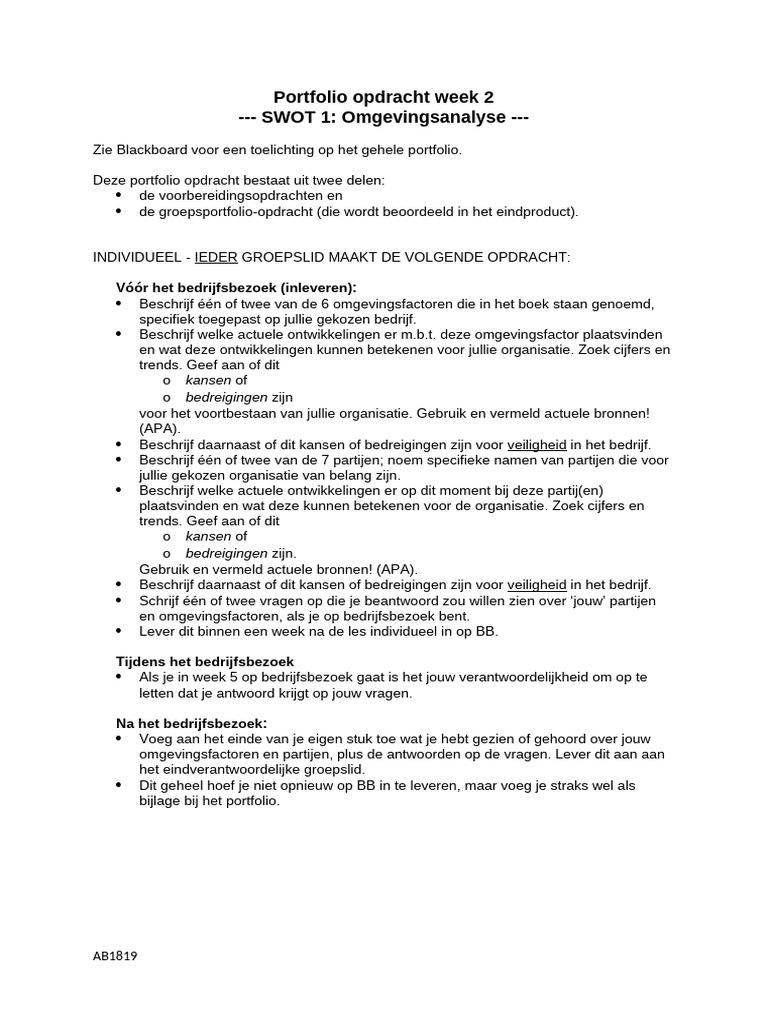 Portfolio Opdracht Week 2 Omgevingsanalyse v1819 | PDF