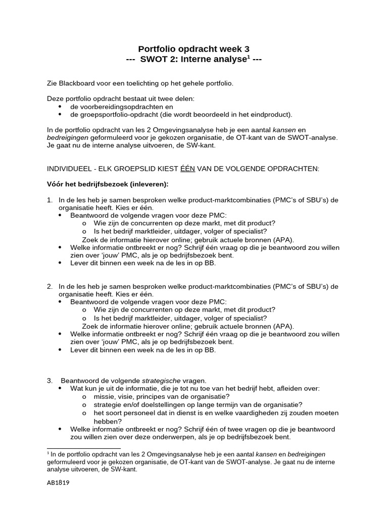 Portfolio Opdracht Week 3 Interne Analyse v1819 | PDF