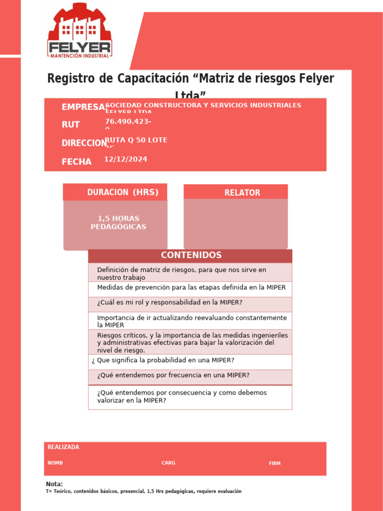 Capacitación en Matriz de Riesgos Felyer | PDF