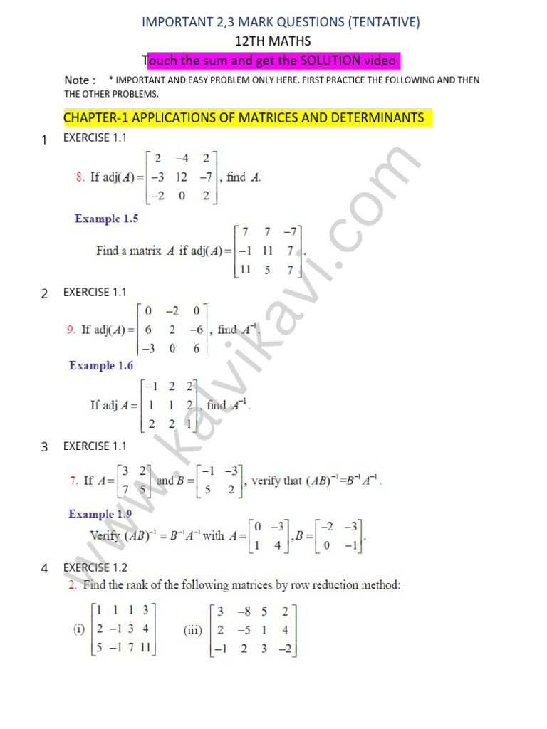 12th Maths Important Questions 2025 | PDF | Determinant | Abstract Algebra