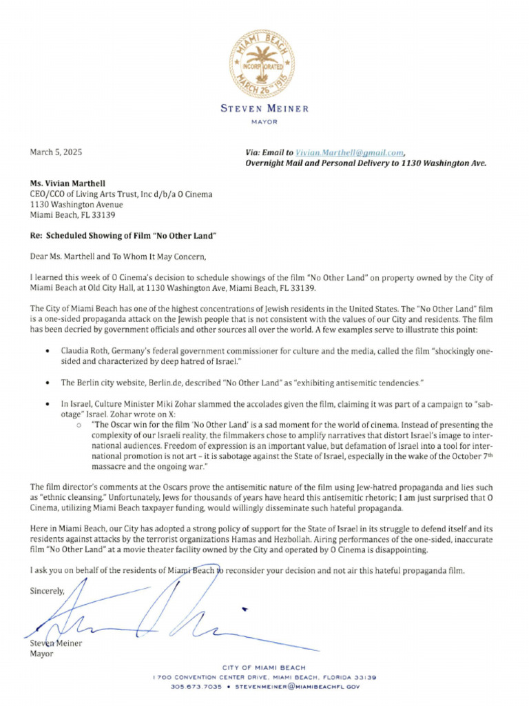 Scheduled Showing of Film No Other Land Letter From MB Mayor Steven ...