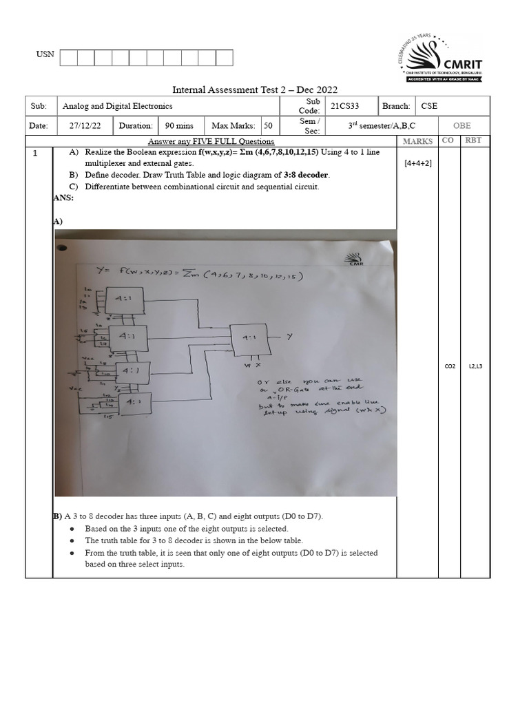 IAT-II Question Paper With Solution of 21CS33 Analog and Digital Electronics Dec-2022-Pratham.m ...