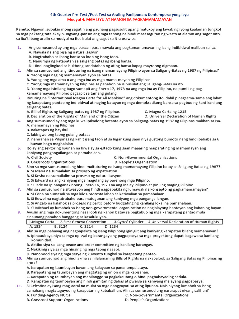 4th Quarter Pre Test and Post Test | PDF